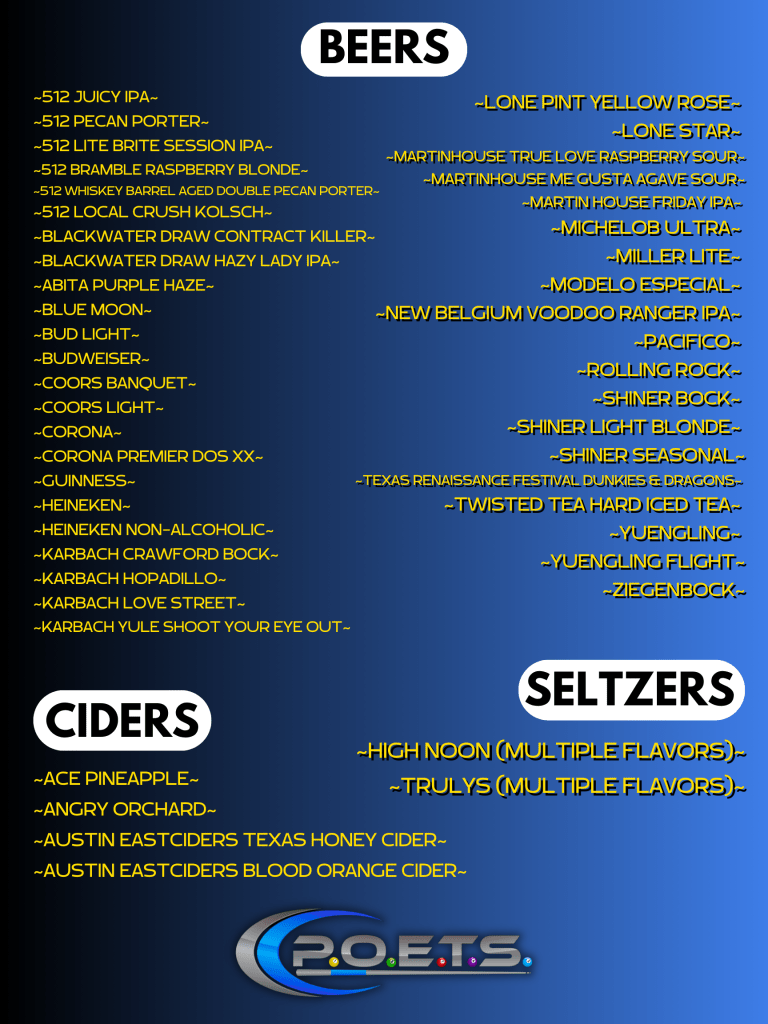 Menu – Poets Billards & Sports Bar