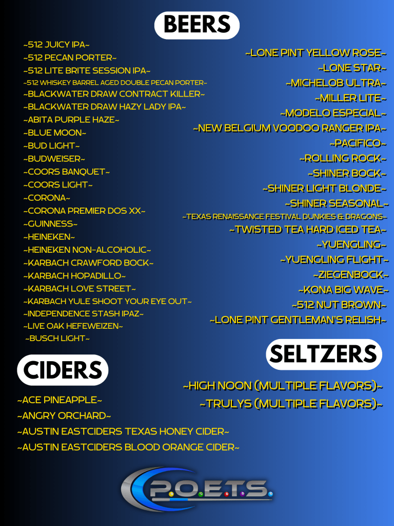 Menu – Poets Billards & Sports Bar